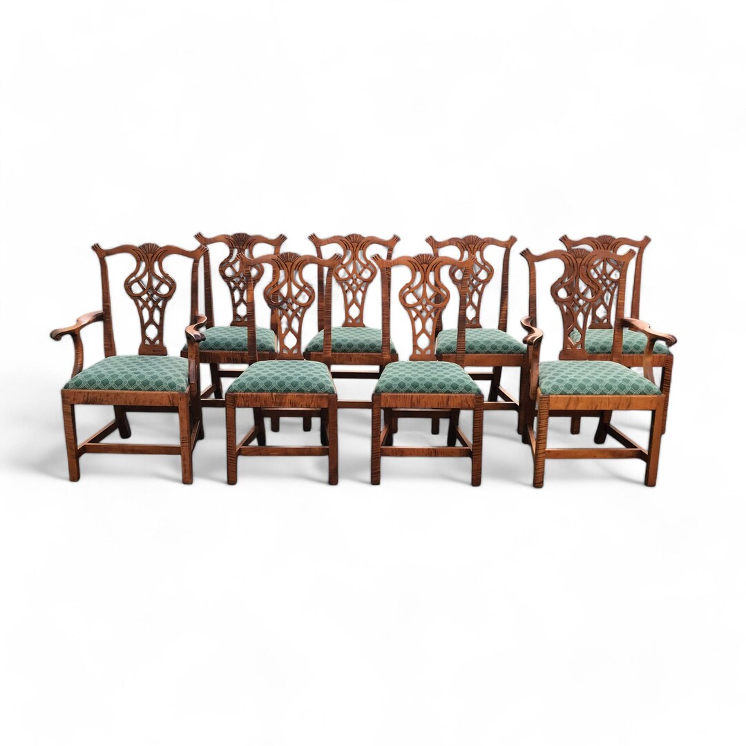Set of 8 J.L. Treharn Tiger Maple Carved Chippendale Style Dining ...