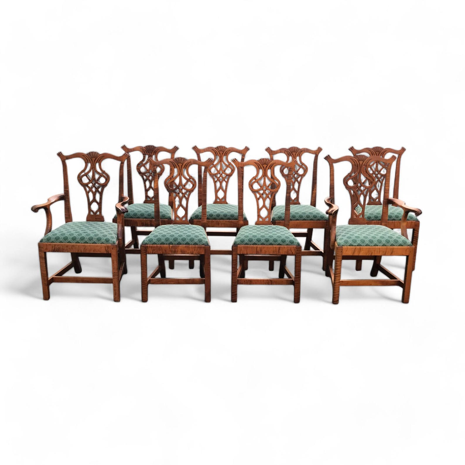 Set of 8 J.L. Treharn Tiger Maple Carved Chippendale Style Dining ...