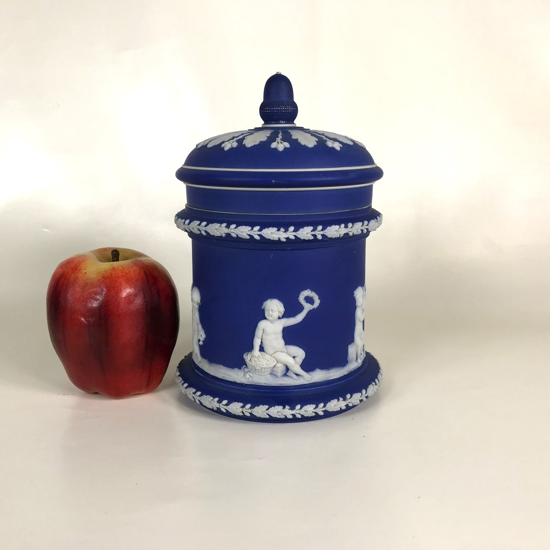 19th Century Dark Blue Jasperware Wedgwood Biscuit Humidor Jar With ...