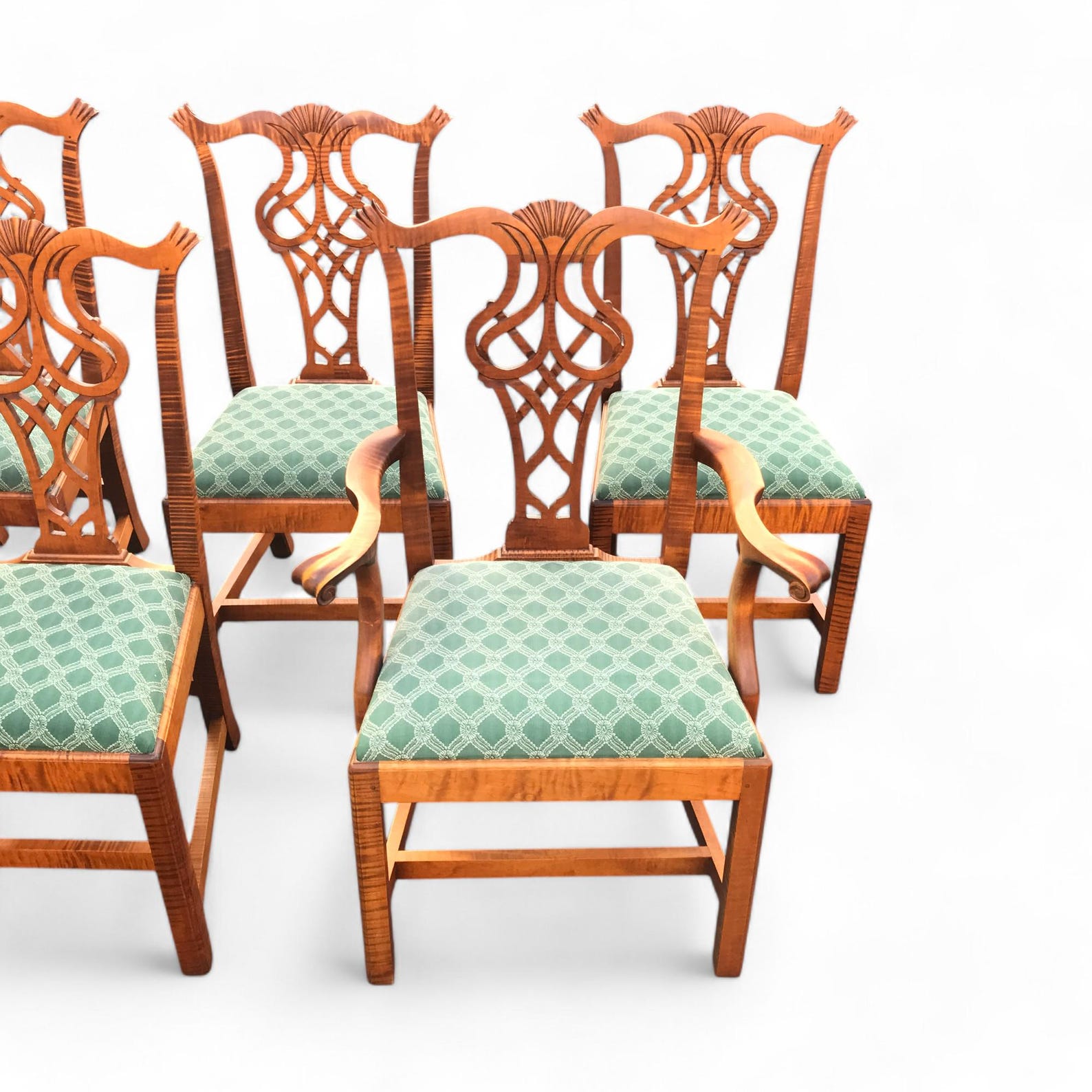 Set of 8 J.L. Treharn Tiger Maple Carved Chippendale Style Dining ...