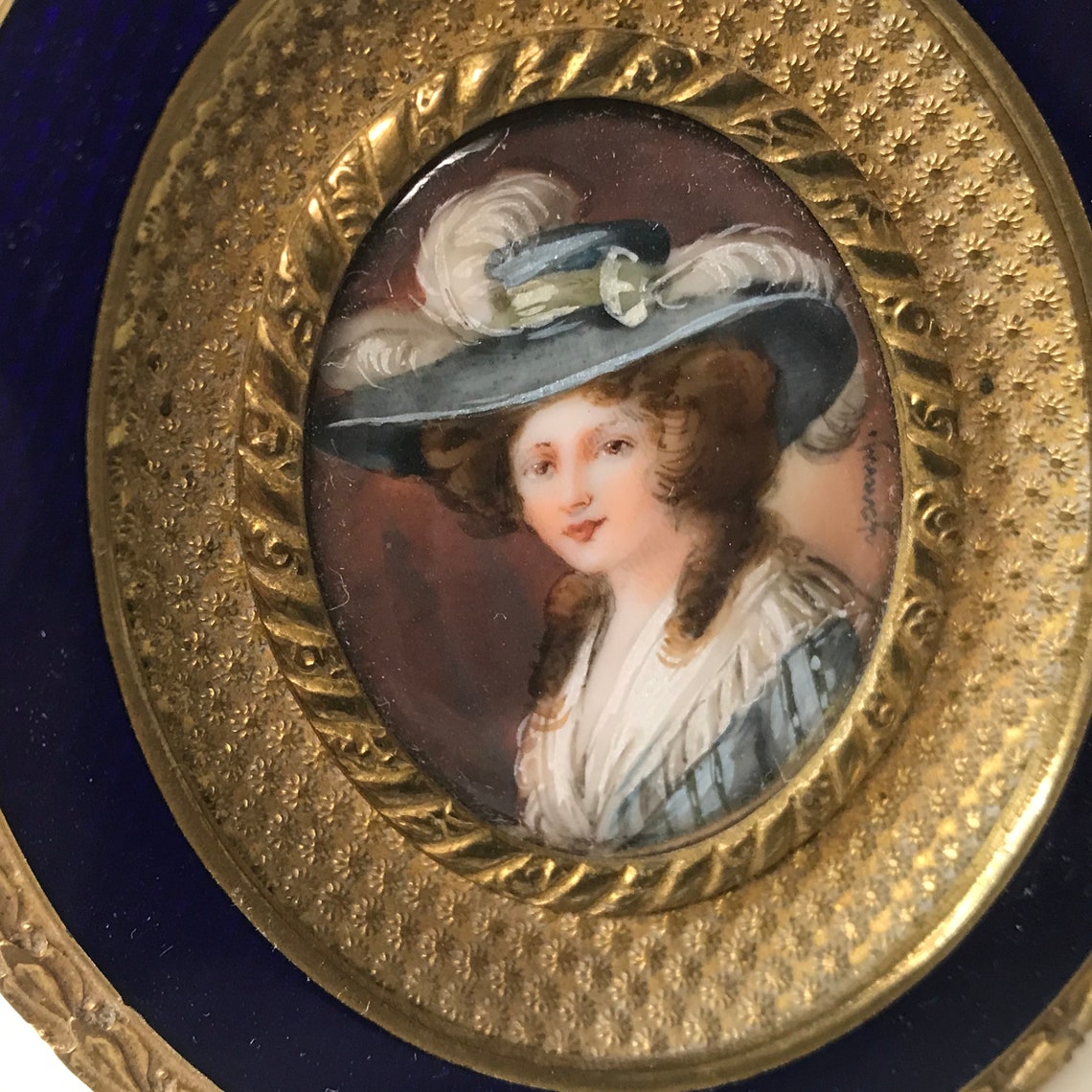 Antique French Miniature Portrait Painting of Lady in Enameled Bronze ...