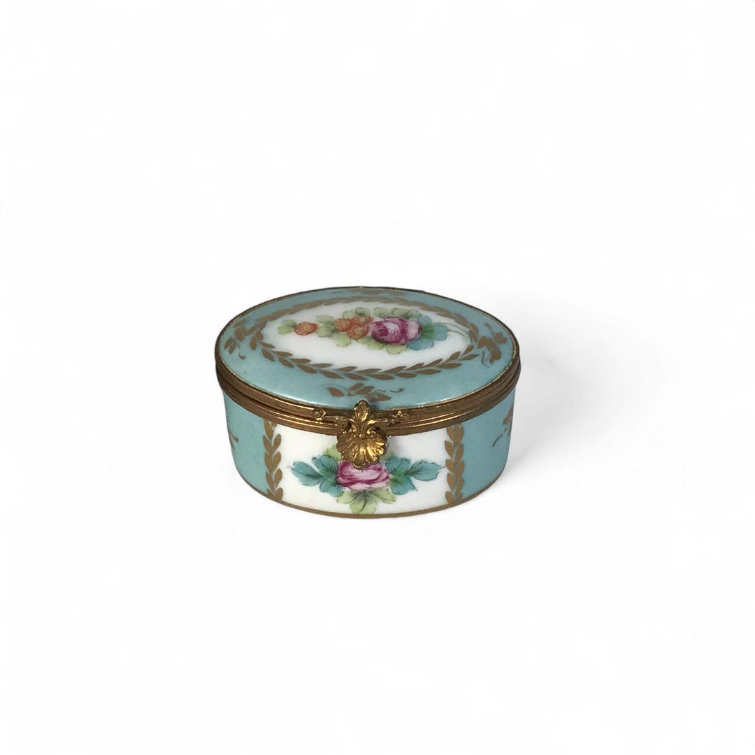 19th C. French Porcelain Pill Trinket Box With Hand Painted Rose - Etsy