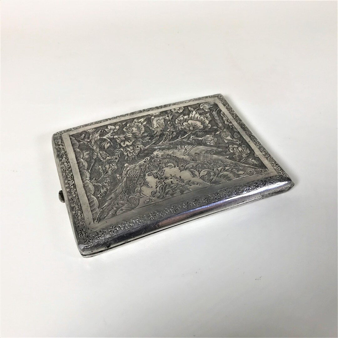 Antique Qajar Middle Eastern Cigarette Silver Case Box High Relief Bird ...