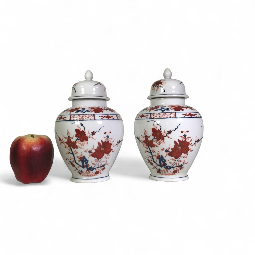 Pair of Vintage Yuet Tung Hongkong Porcelain Covered Jars Orange ...
