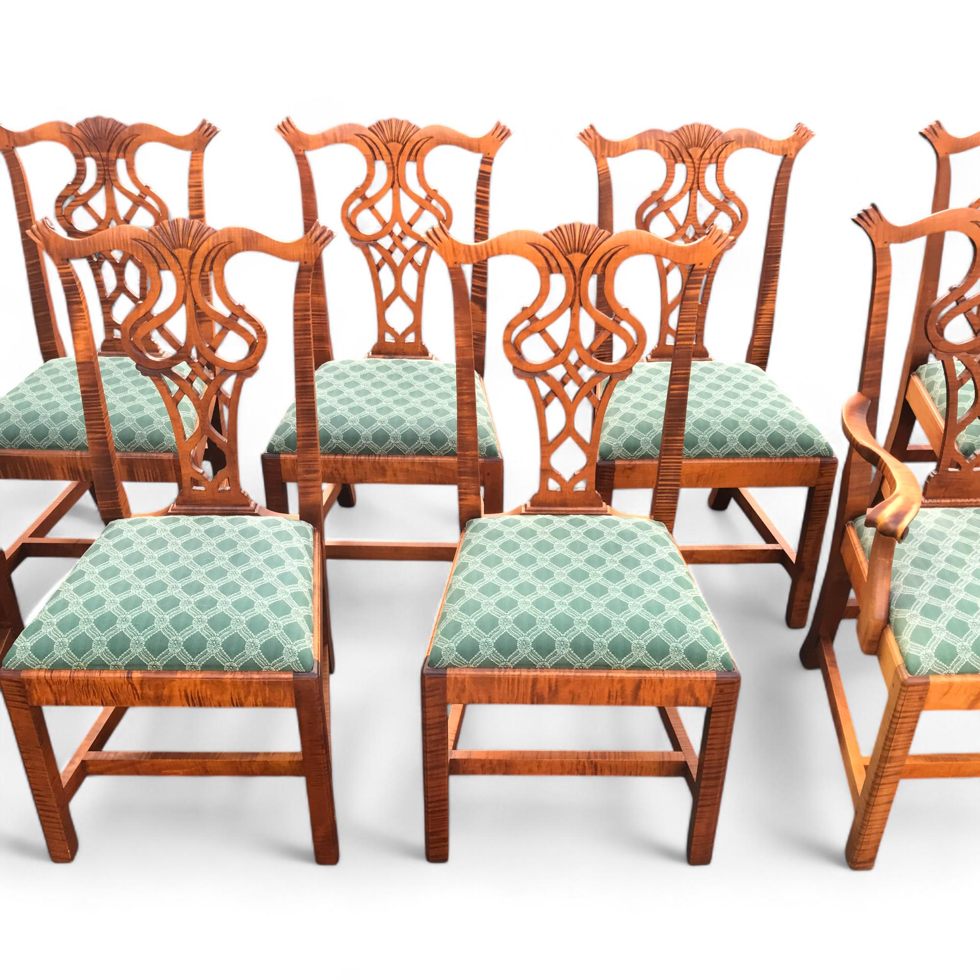 Set of 8 J.L. Treharn Tiger Maple Carved Chippendale Style Dining ...