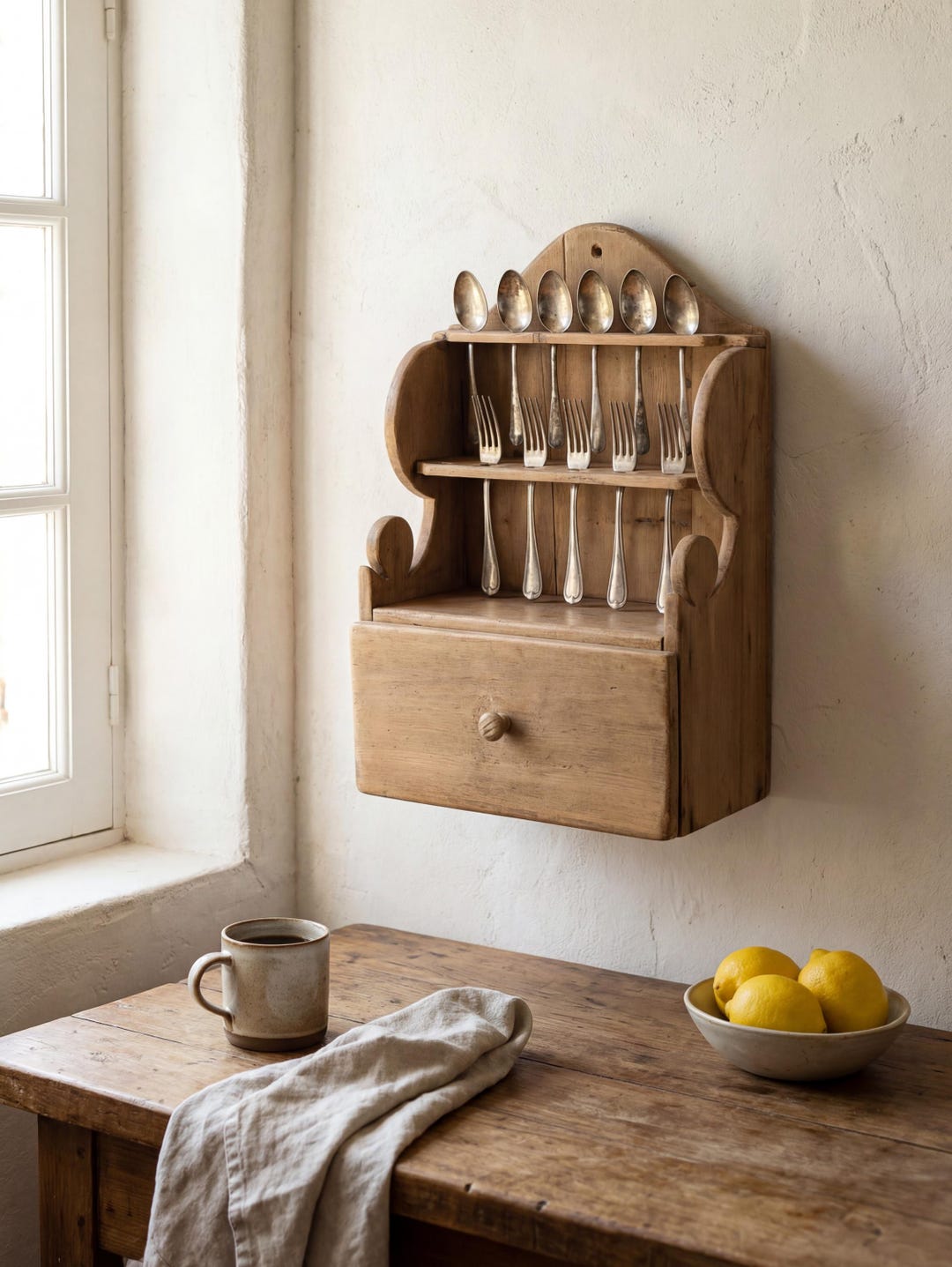 Rustic Pine Wood Wall-mounted Cutlery Cabinet With Drawer, 1950s - Etsy