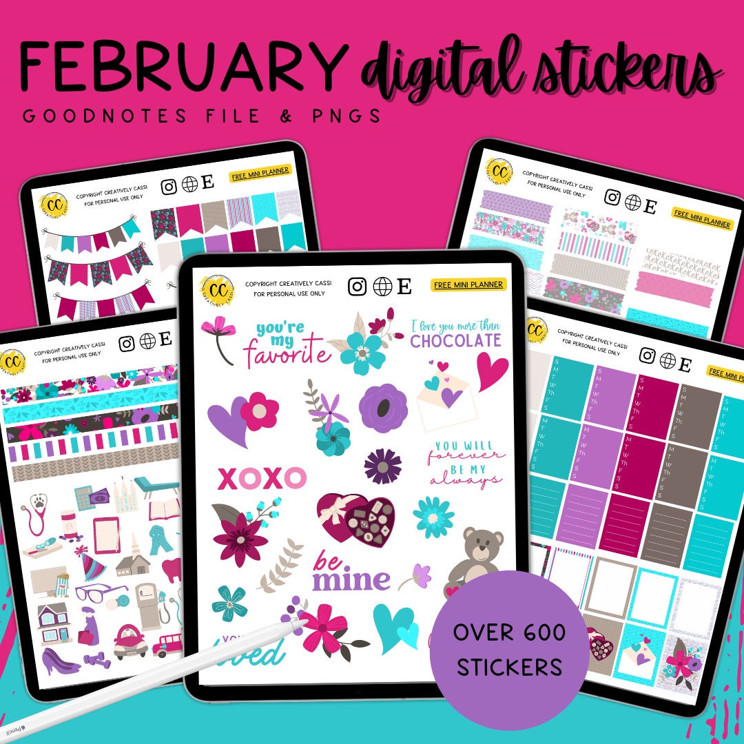 February Digital Planner Sticker Kit, Valentines Precropped Goodnotes ...