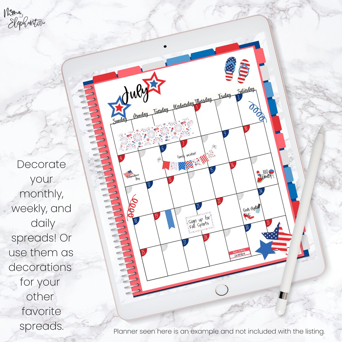 July Digital Planner Stickers Summer Sticker Kit 4th of July | Etsy