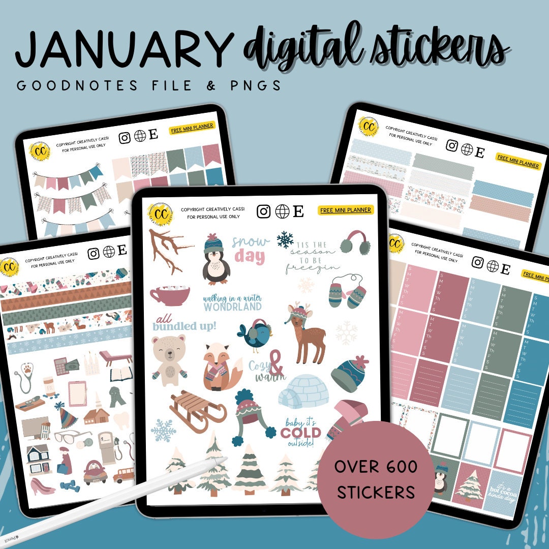 January Monthly Kit Digital Stickers, Winter Planner Stickers, Snow Day ...