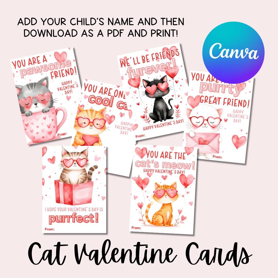 Printable Cat Valentine Cards, Canva Valentine Template, Printable ...