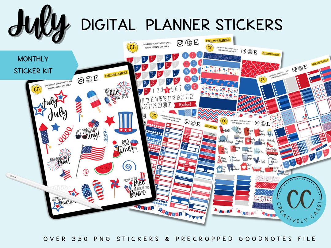 July Digital Planner Stickers Summer Sticker Kit 4th of July - Etsy