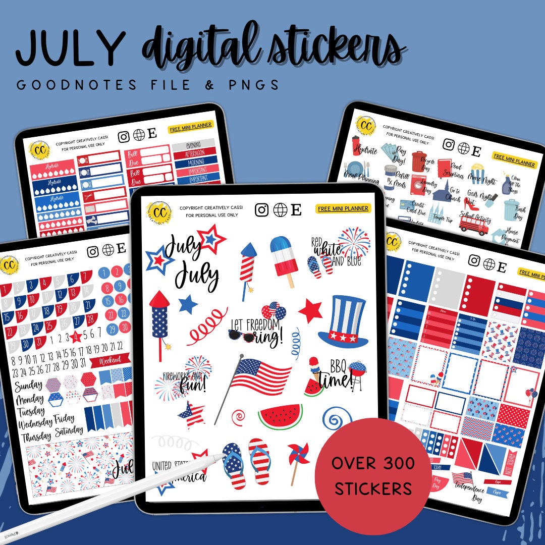 July Digital Planner Stickers, Summer Sticker Kit, 4th of July ...