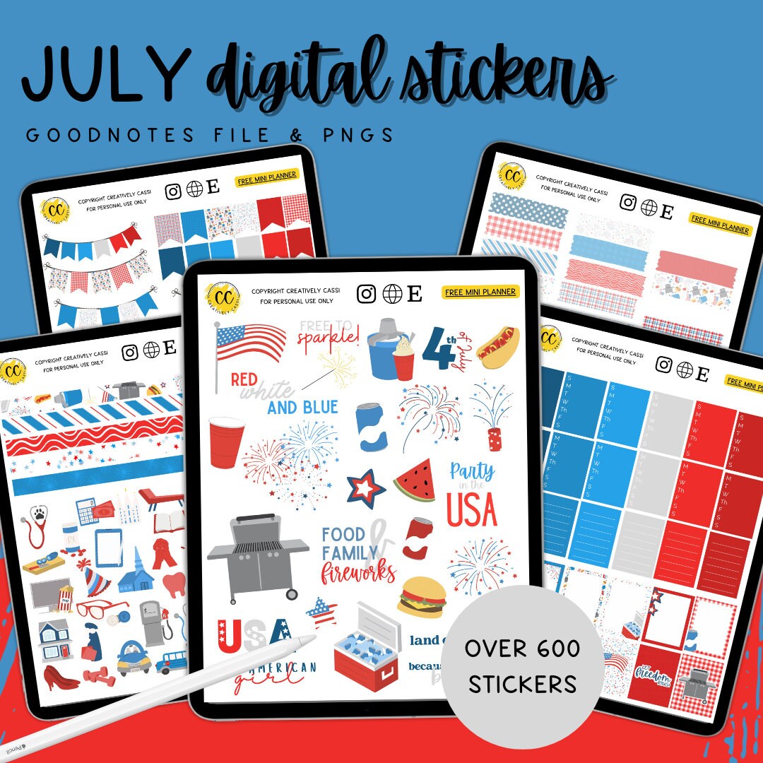 July Digital Planner Sticker Kit, Independence Day Goodnotes Stickers ...
