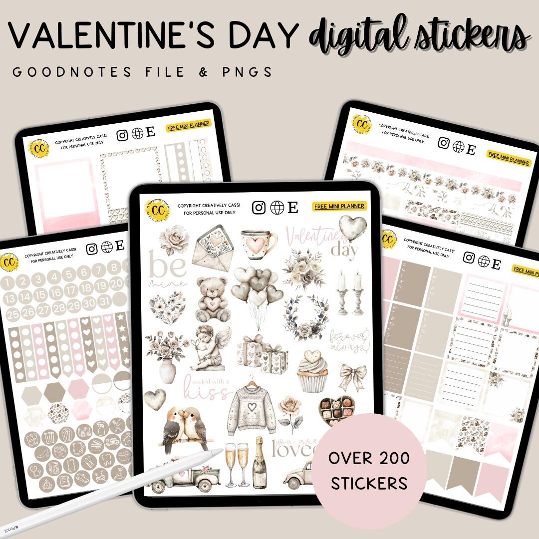 Neutral Valentine's Day Digital Planner Stickers, February Planner ...