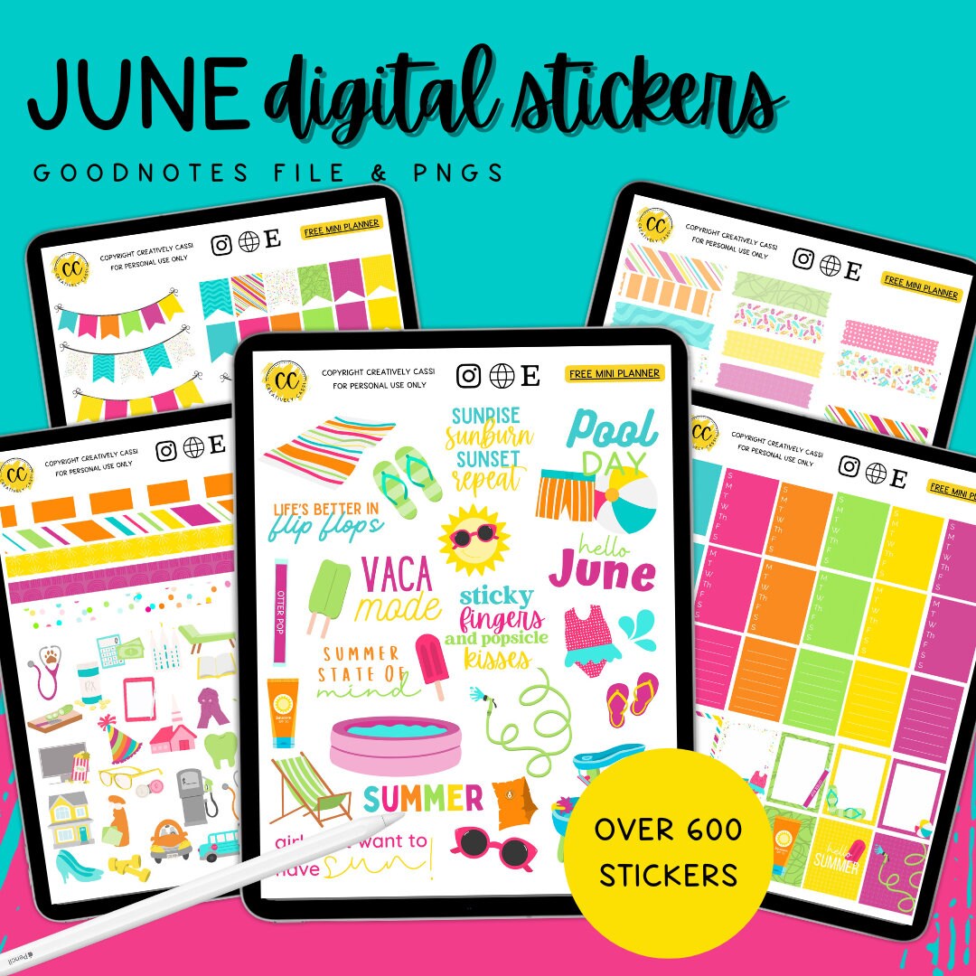 June Digital Planner Sticker Kit, Summer Goodnotes Stickers, Pool Time ...