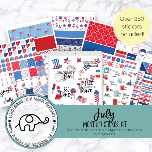 July Digital Planner Stickers Summer Sticker Kit 4th of July - Etsy