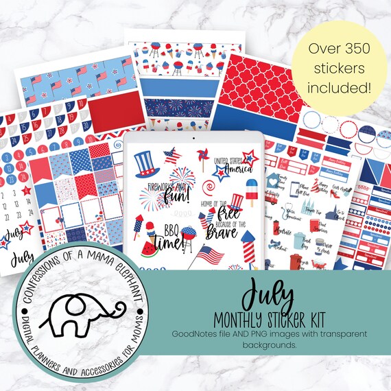 July Digital Planner Stickers Summer Sticker Kit 4th of July - Etsy