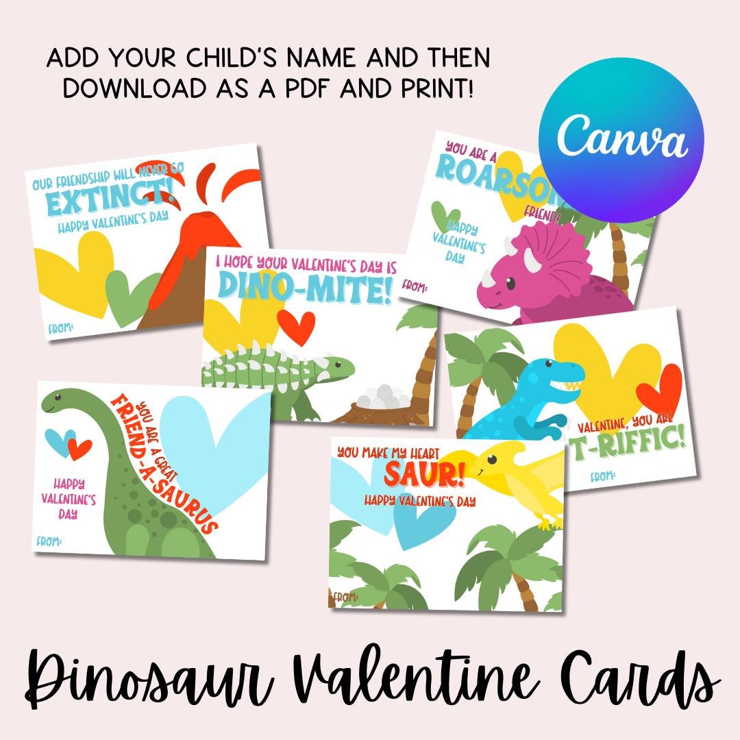 Printable Dinosaur Valentine Cards, Canva Valentine Template, Printable ...