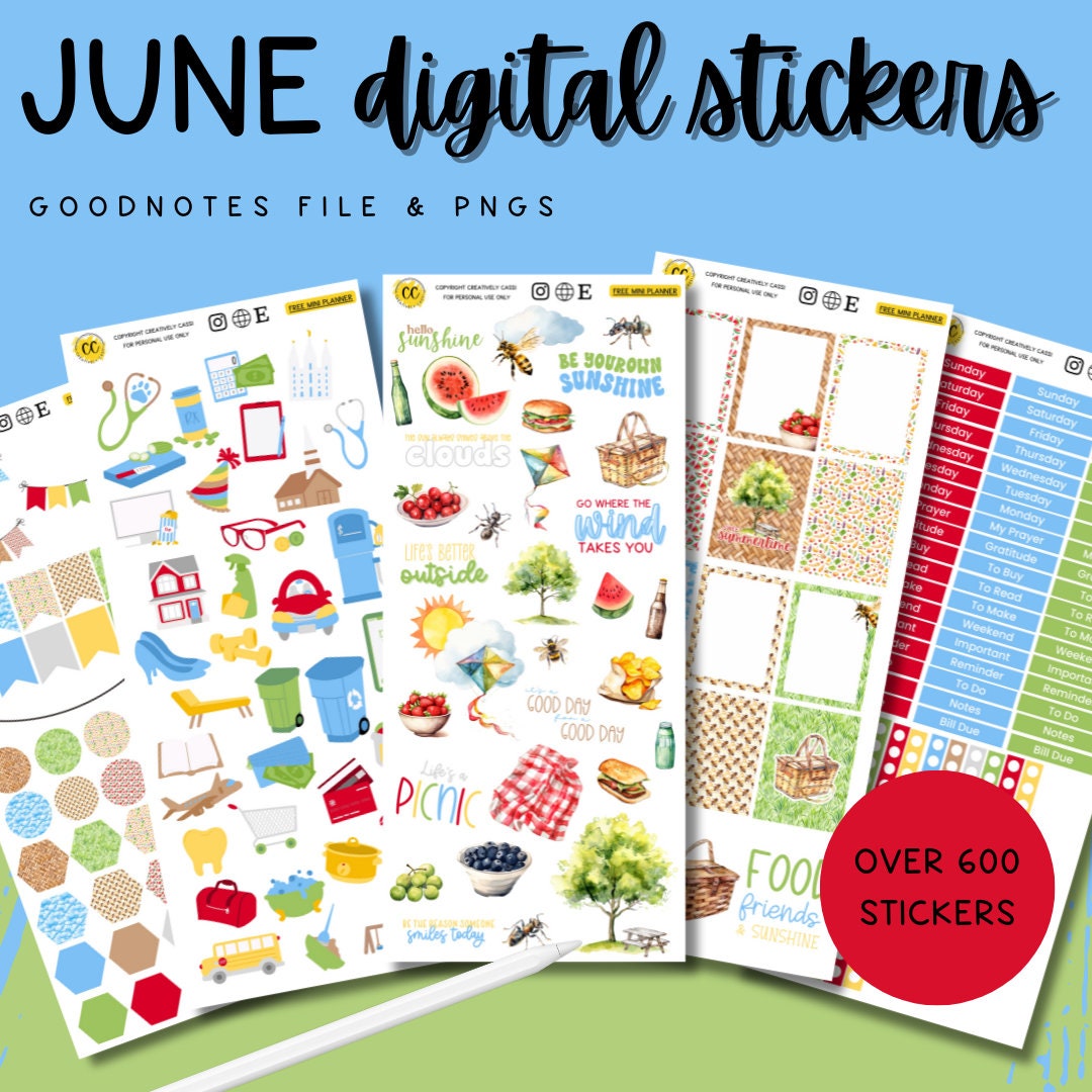 June Digital Planner Sticker Kit, Picnic Goodnotes Stickers, Summer ...