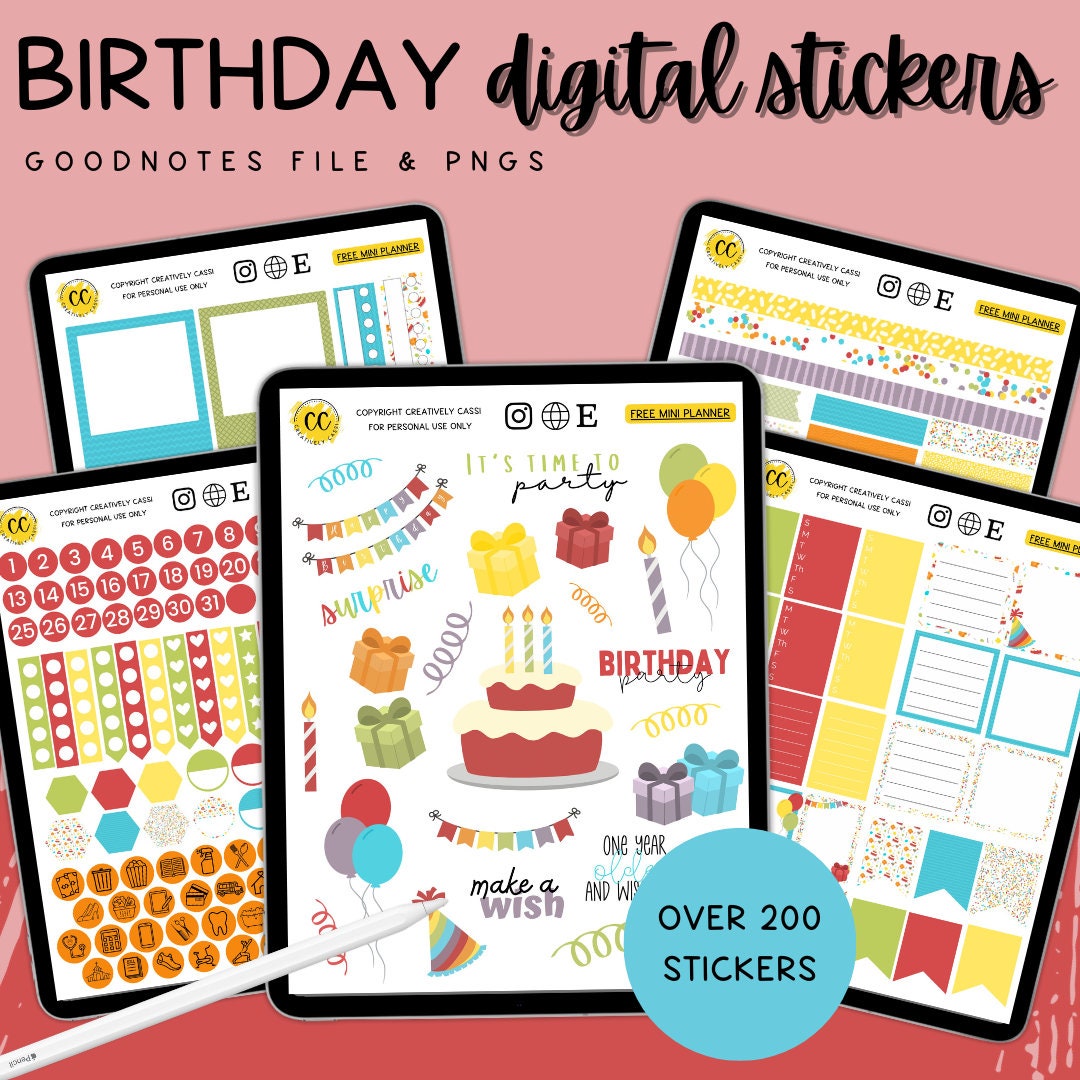 Birthday Digital Planner Sticker Kit, Red Celebration Precropped ...