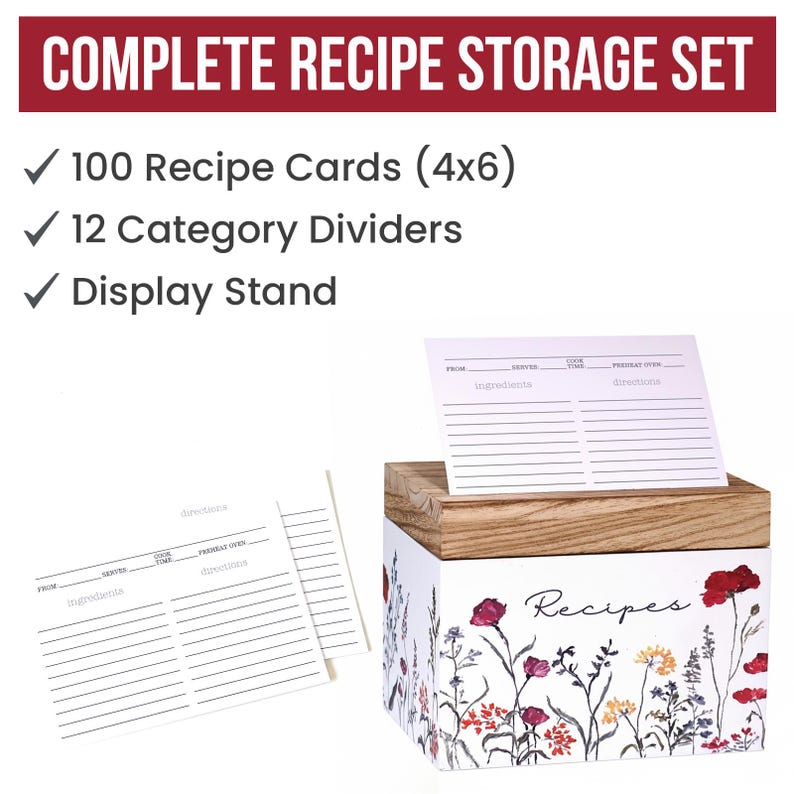 Wooden Recipe Box With Cards & Dividers – Wildflower Floral Design - Etsy