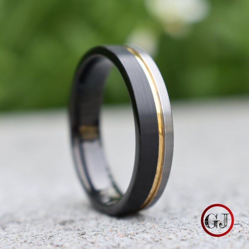 Tungsten 6mm Ring Black and Silver Brushed With Gold Accent - Etsy