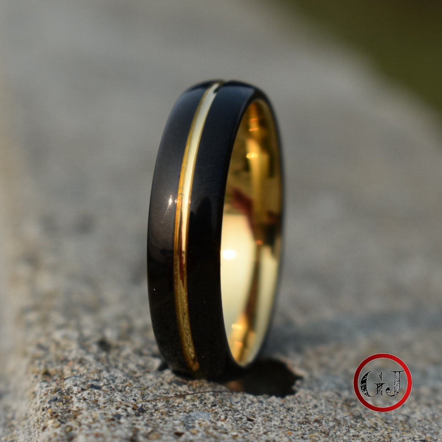 Tungsten Ring Black With Gold Center Stripe Mens Ring Mens - Etsy Canada