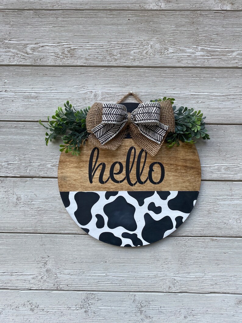 Hello Cow Print Wood Round Door Hanging Sign/hello Sign/cow - Etsy