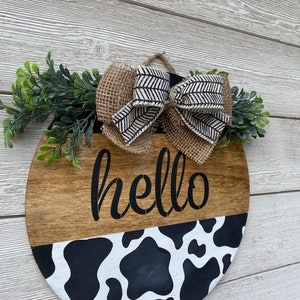Hello Cow Print Wood Round Door Hanging Sign/hello Sign/cow Decor Sign ...