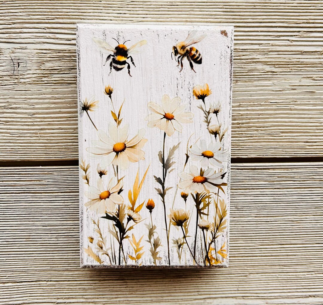 Rustic Bee Wood Canvas Sign/spring Decor/ Bee and Flowers Decor Sign ...