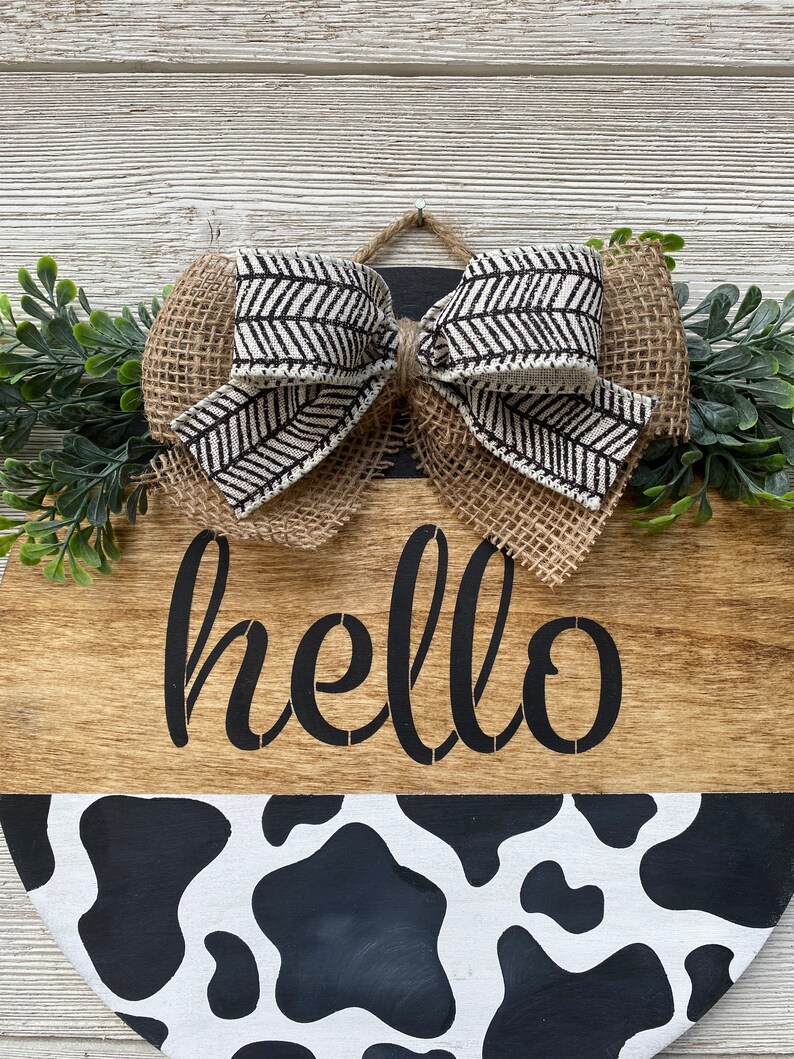 Hello Cow Print Wood Round Door Hanging Sign/hello Sign/cow - Etsy
