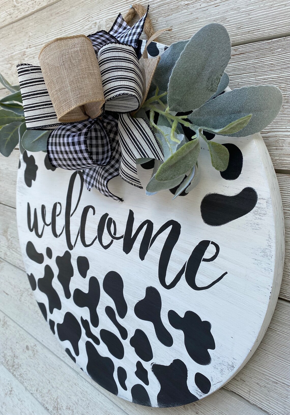 Cow Print Welcome Sign, Round Wood Farmhouse Decor - Etsy