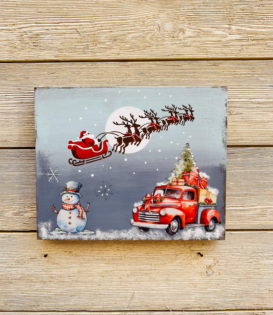 Santa Sleigh and Rustic Truck Christmas Wood Canvas Wall Sign/christmas ...