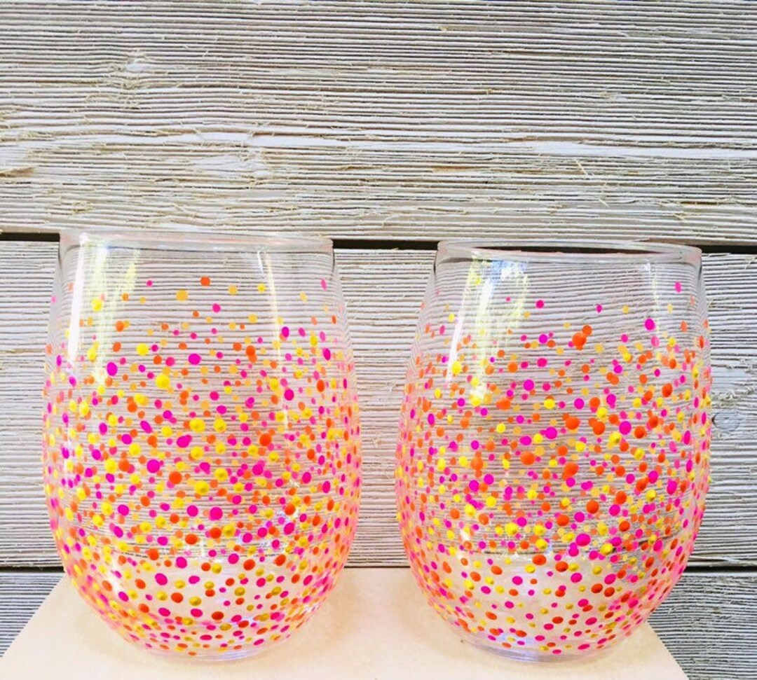 Confetti Stemless Wine Glass Sets /hand-painted Wine Glasses/ Confetti ...