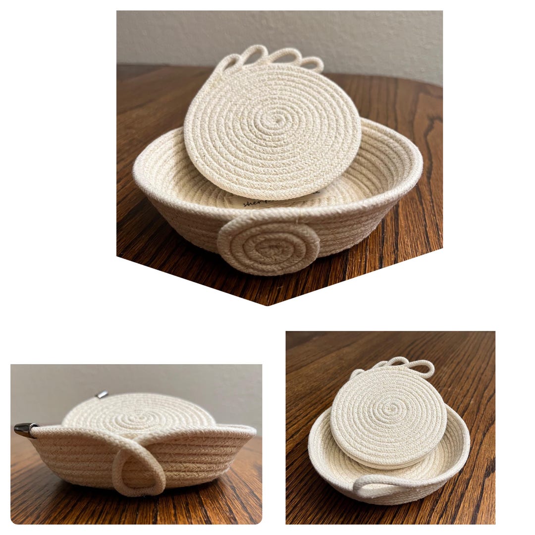 Beige Rope Coaster Sets 4 Coasters With Holder Bowl and Cork Bottoms ...