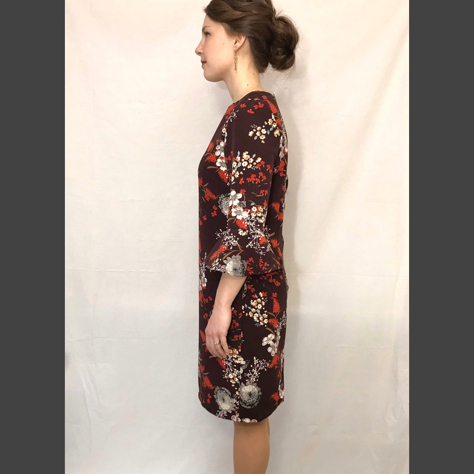 Pretty Date Night Dress in Burgundy Floral Print With Jewel Neckline ...