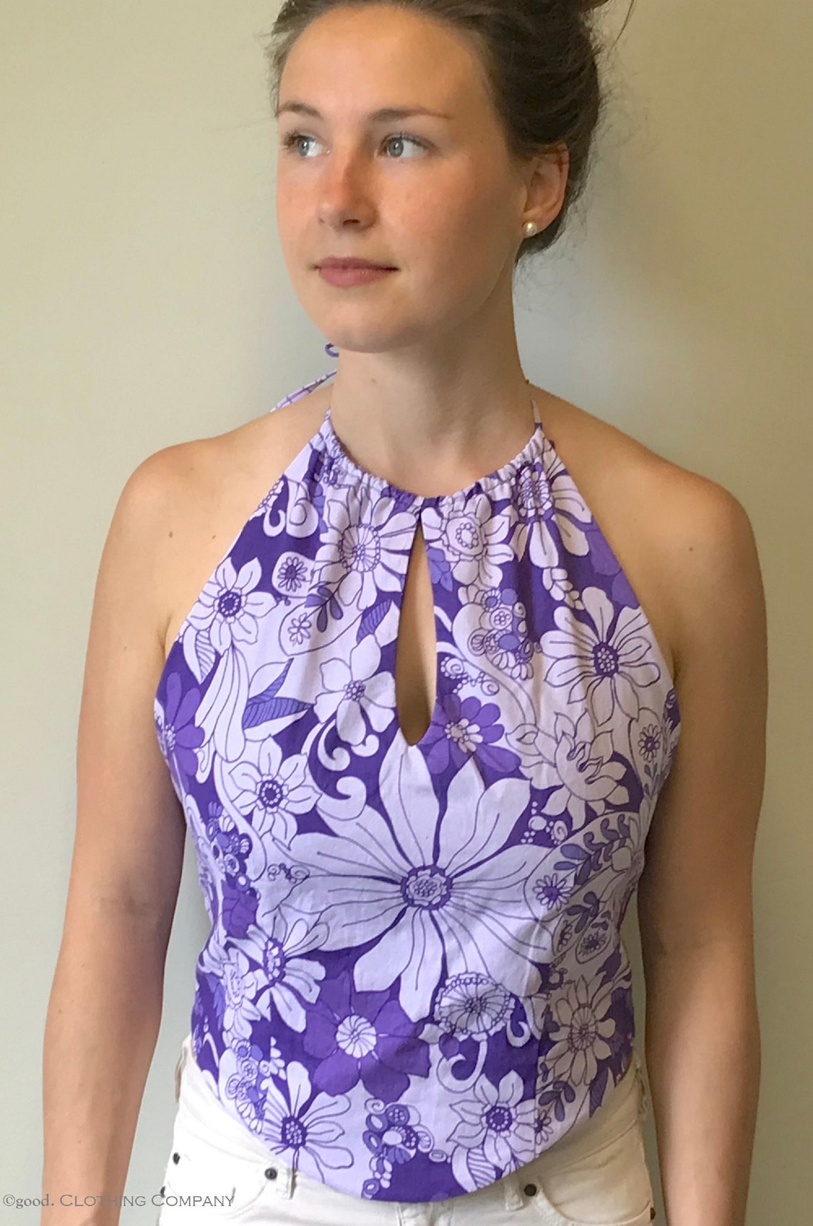 Funky Purple Floral Halter Top in Lined Cotton With Keyhole Neckline ...