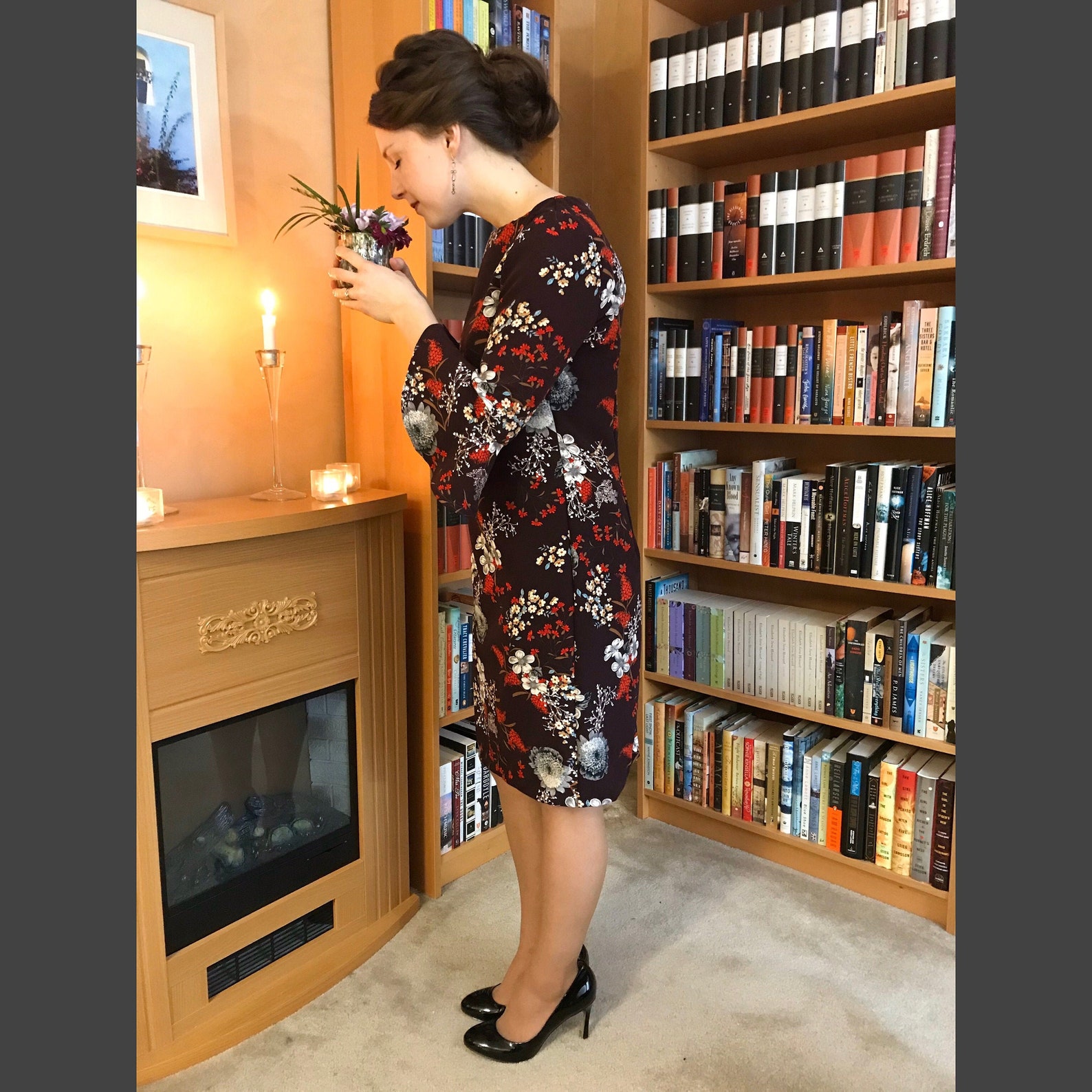 Pretty Date Night Dress in Burgundy Floral Print With Jewel Neckline ...