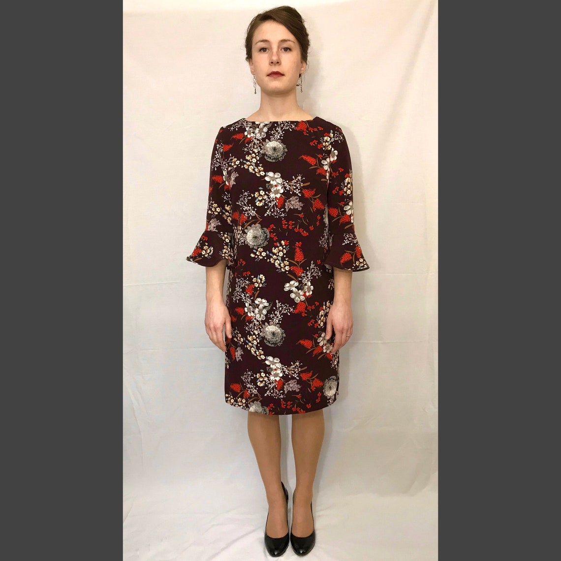 Pretty Date Night Dress in Burgundy Floral Print With Jewel Neckline ...