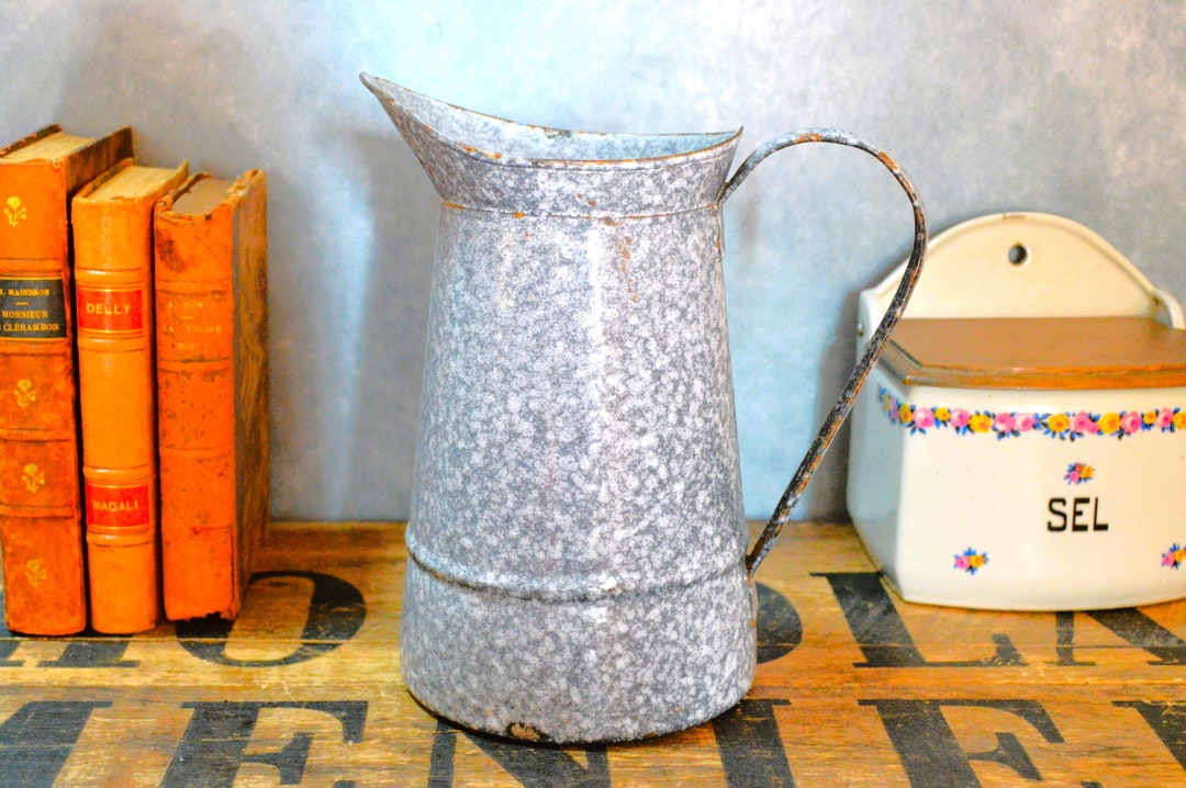 French Enamel Pitcher Blue & Grey Graniteware Enamel, Vintage ...