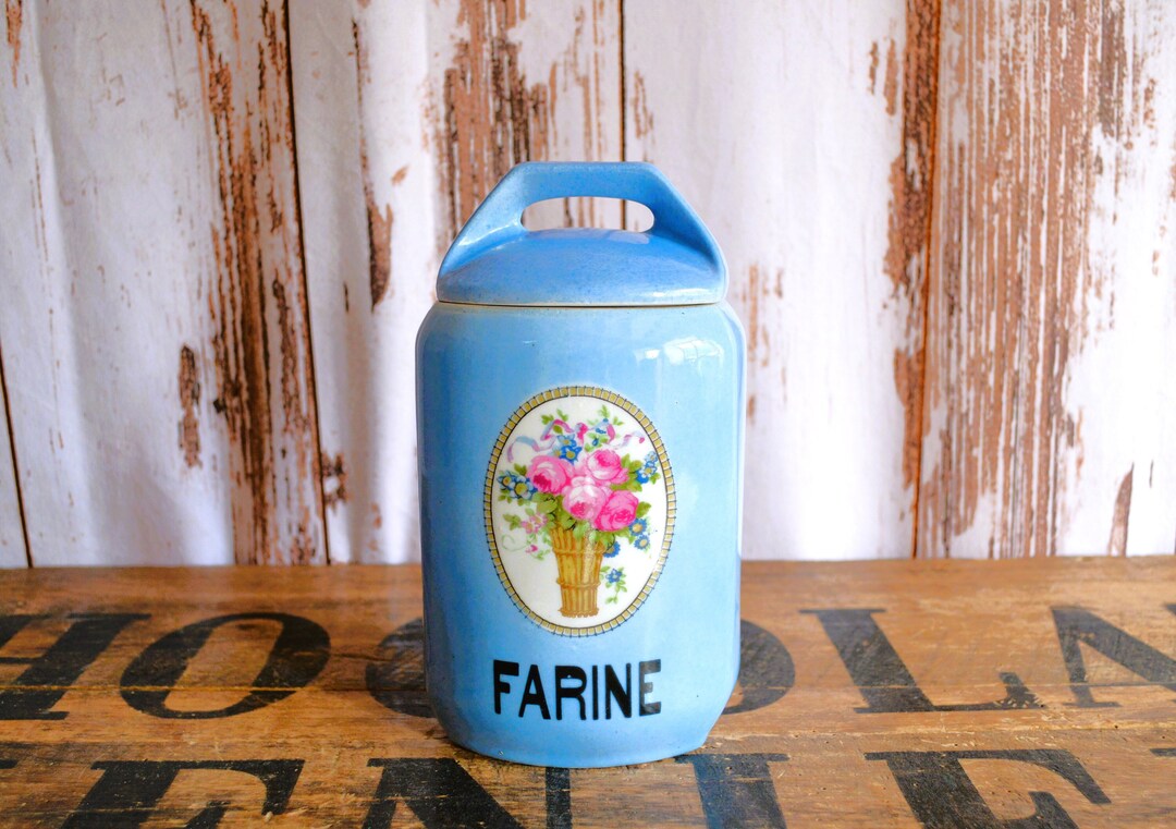 French Ceramic Storage Canister, Flour Storage Jar, Vintage Blue ...