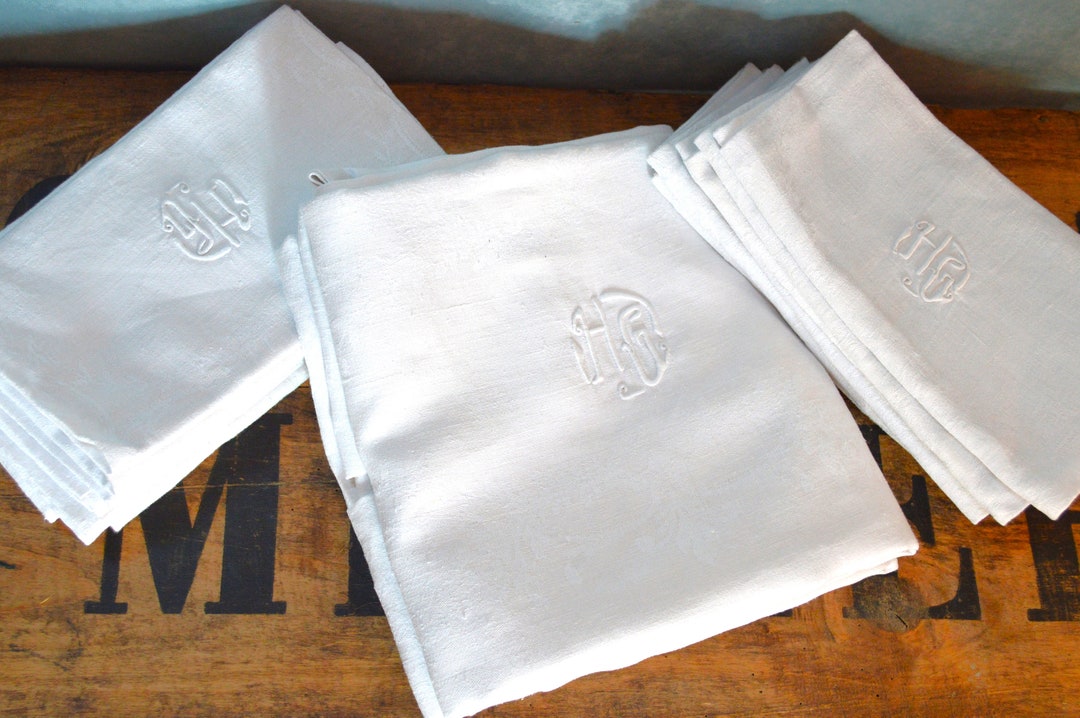French White Damask Linen Tablecloth & 12 Serviettes Monogram, Extra ...