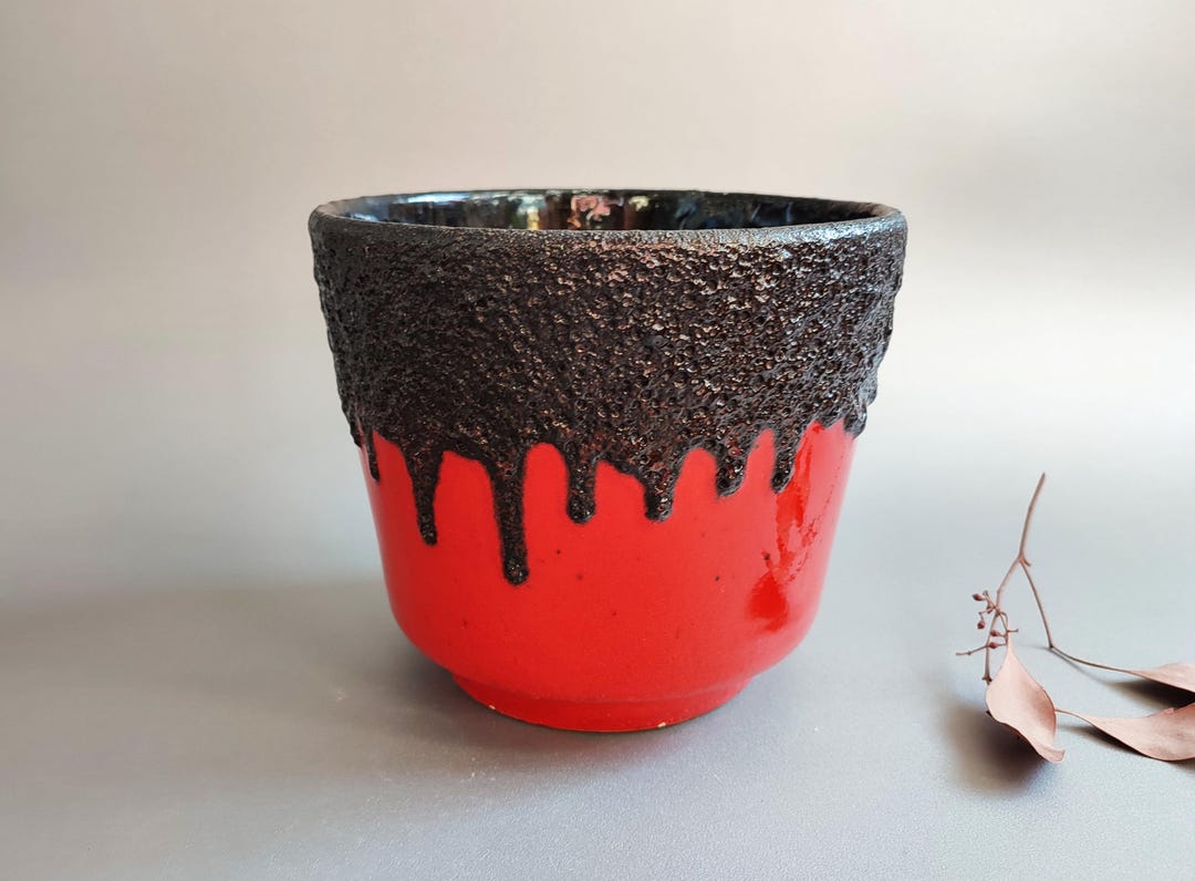 XL Rare Vintage Fat Lava in Black Red Plant Pot Red Black 70s W ...