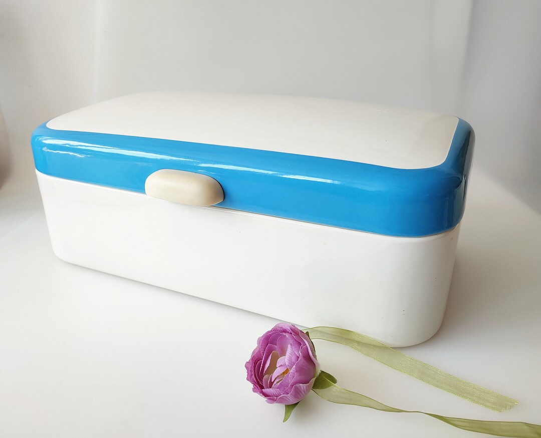 Vintage Enamel Bread Box Rounded Corners Ca 1950 White Blue Baby Blue ...