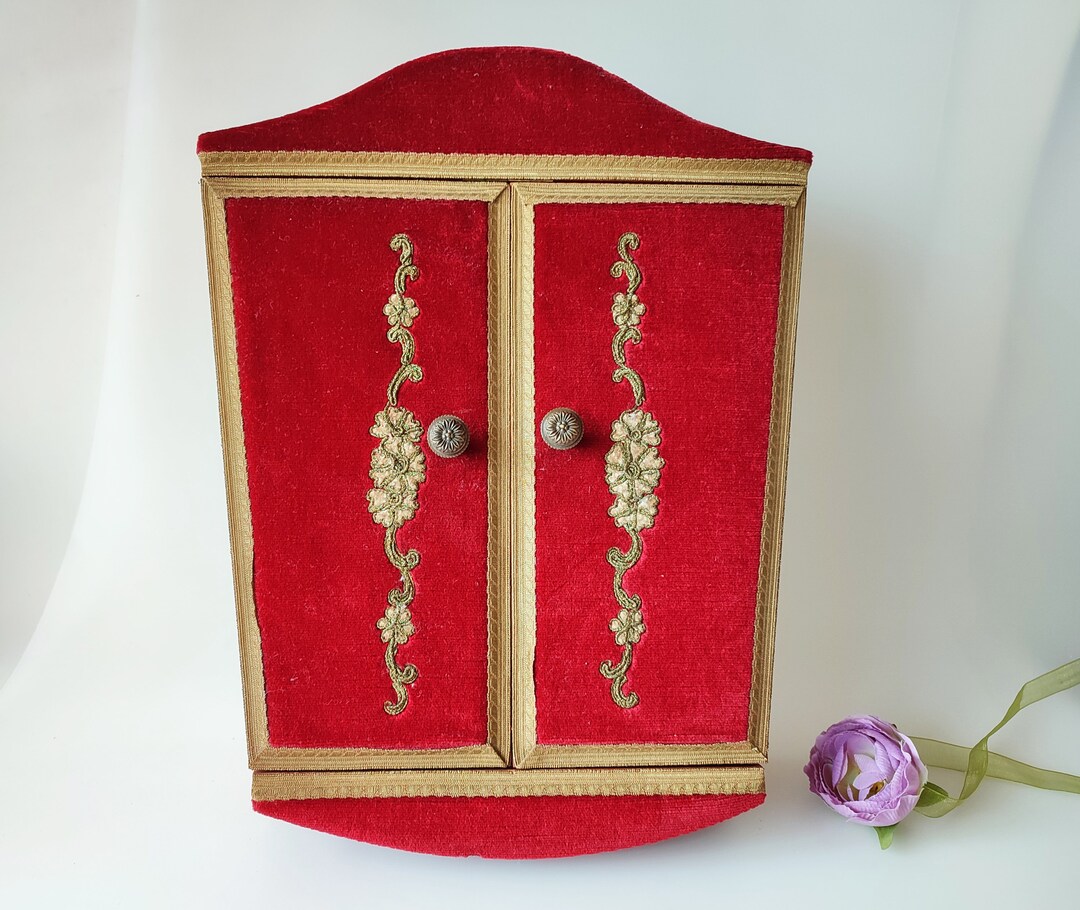 Vintage Key Box in Red Velvet Trim Covered Embroidery Wall Cabinet ...