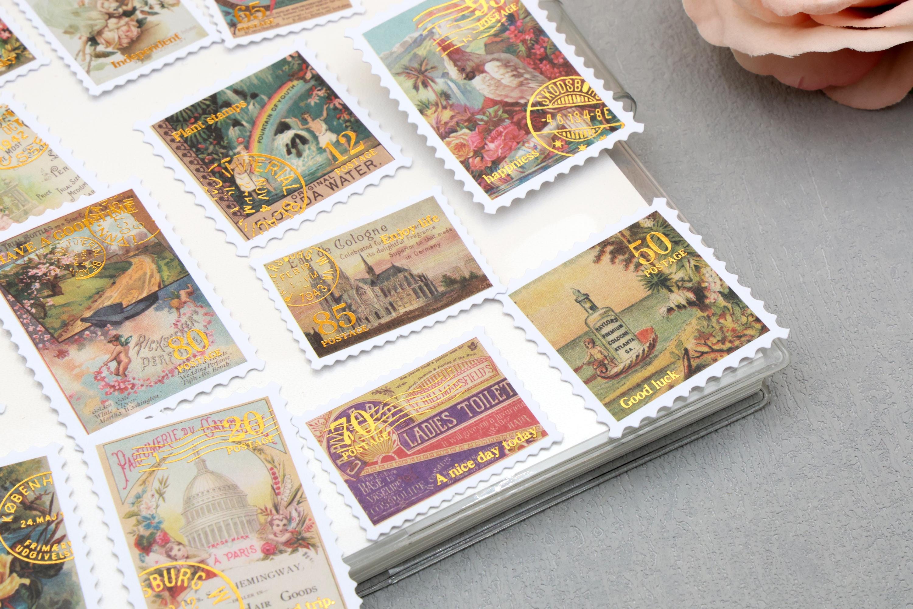 Postal Stamp Paper Stickers | 30pcs/pack Vintage Gold Foil Stickers Set ...