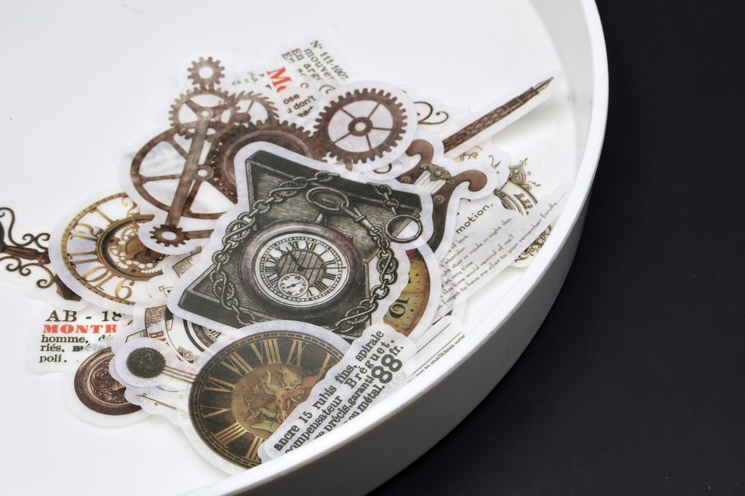 60pc Retro Items Clock Stickers Themed Time Vintage Stuff Washi Die-cut ...