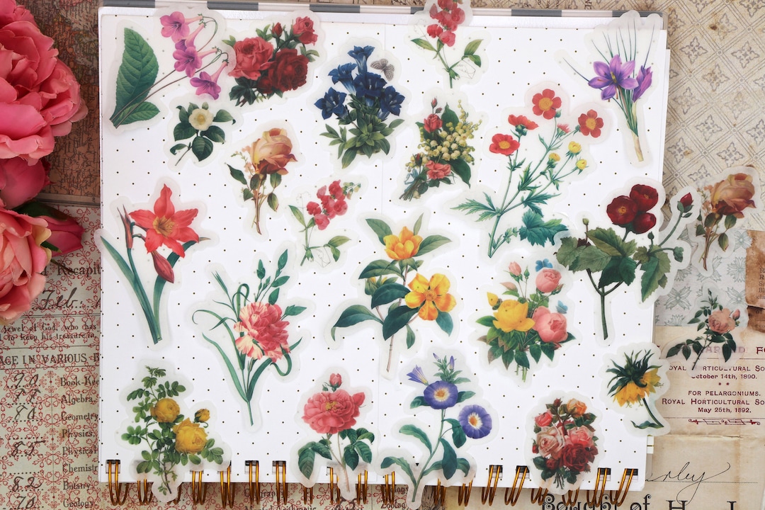 60pc Botanical Flower Stickers Themed Floral Washi Die-cut Stickers M02 ...