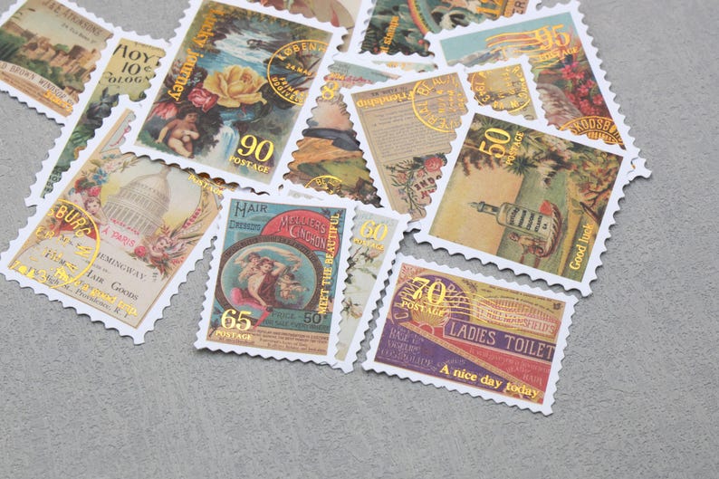 Postal Stamp Paper Stickers | 30pcs/pack Vintage Gold Foil Stickers Set ...