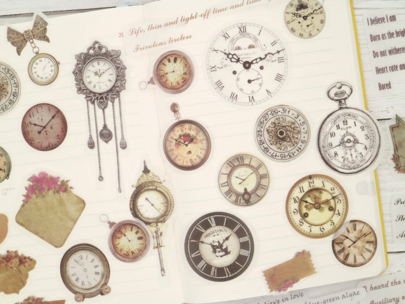 Washi Stickers | 60pcs Clock Themed , Time Round Gear Clock Antique ...